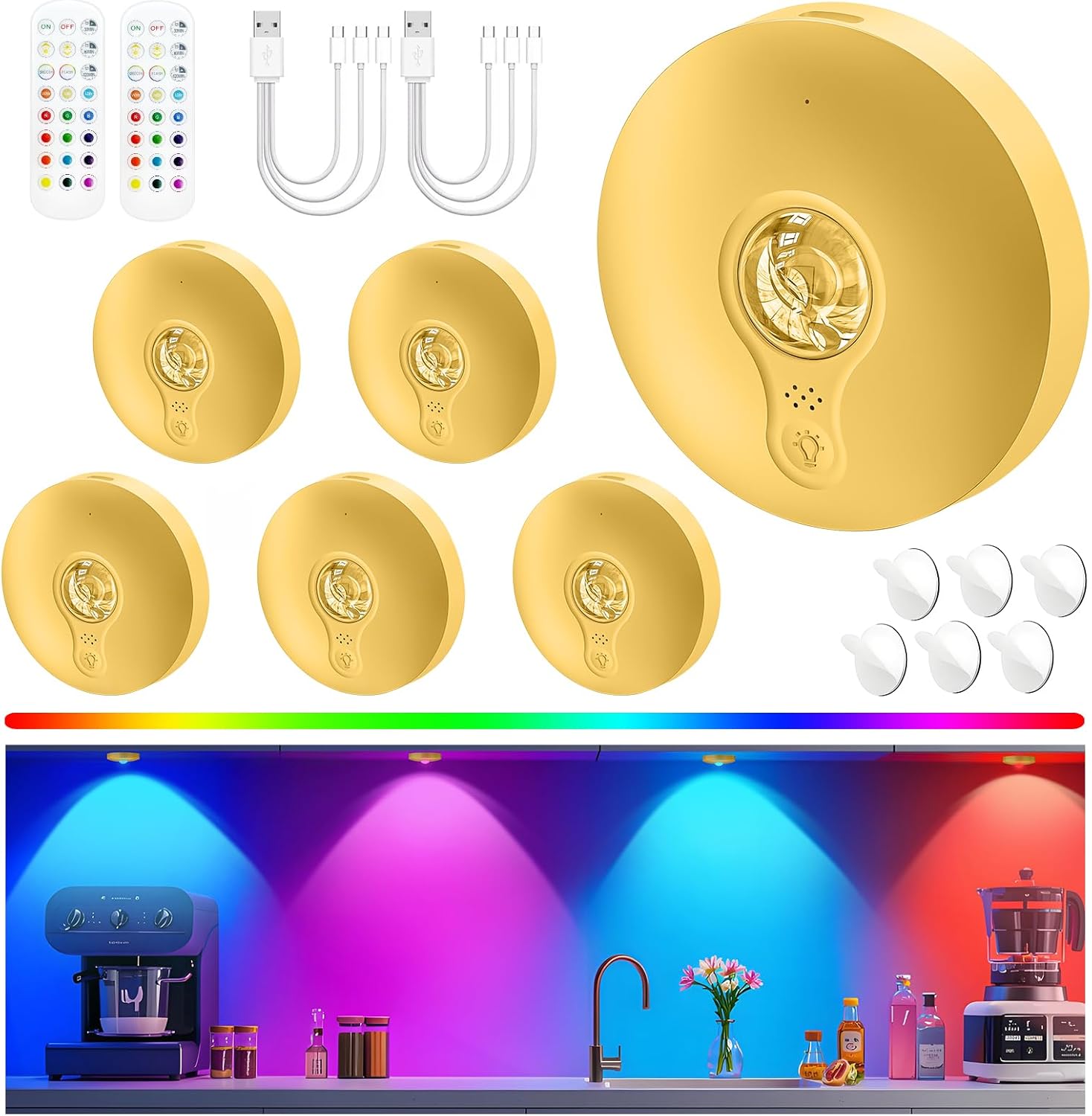 Rechargeable Puck Lights with Remote, 6 Pack Magnetic Under Cabinet ...