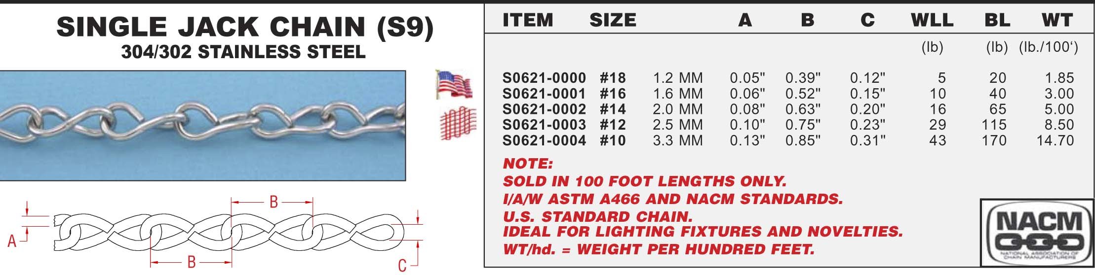 Amazon.com: 304 Stainless Steel Single Jack Chain #10 "S9" 3.3M (S0621 ...