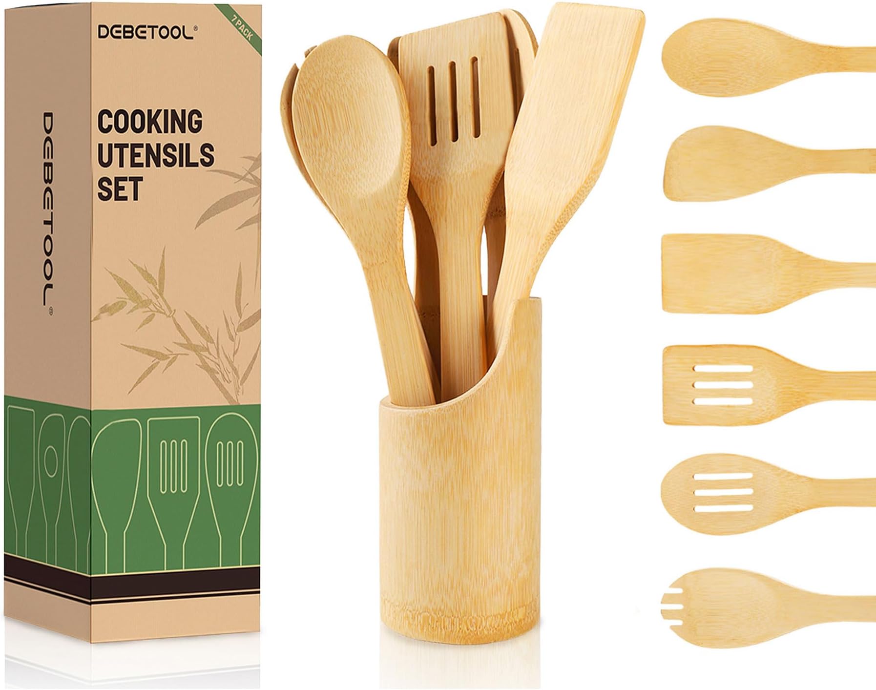 Amazon.com: DEBETOOL Bamboo Cooking Utensil Set - Natural Bamboo Wooden Spoons for Cooking ...