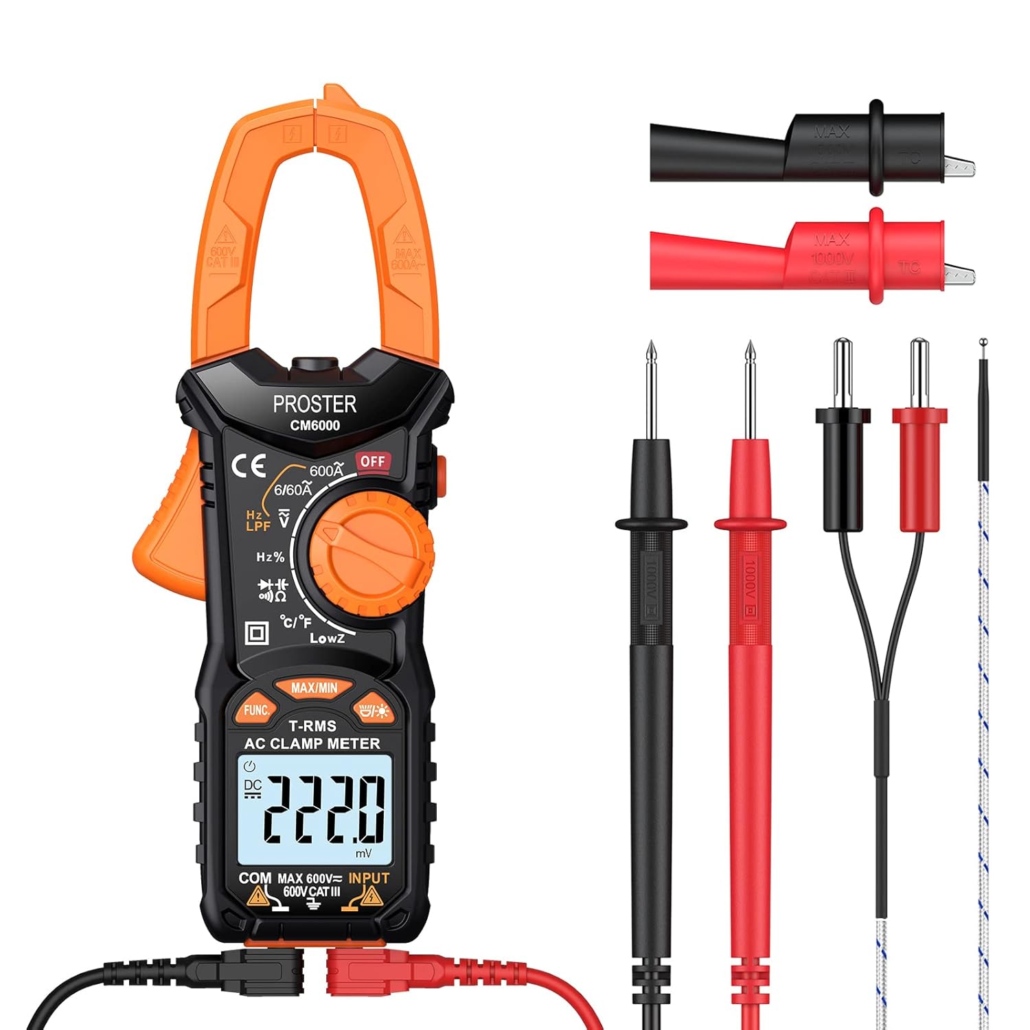 Proster Clamp Meter HT206B Stromzange TRMS 600A AC Strom 6000 Counts ...