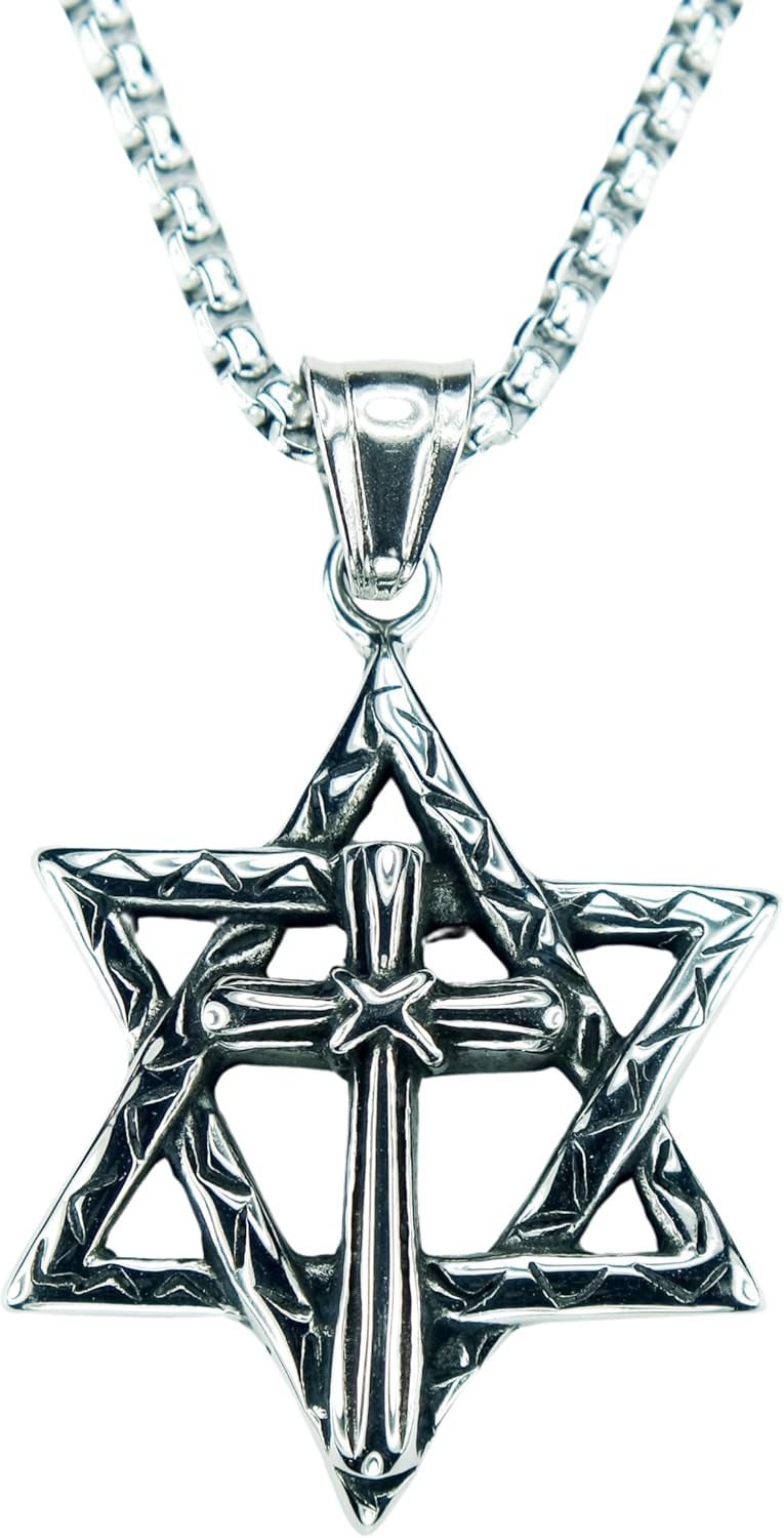 Cross in Star of David Necklace, Pendant on 24" Box Chain, Waterproof ...