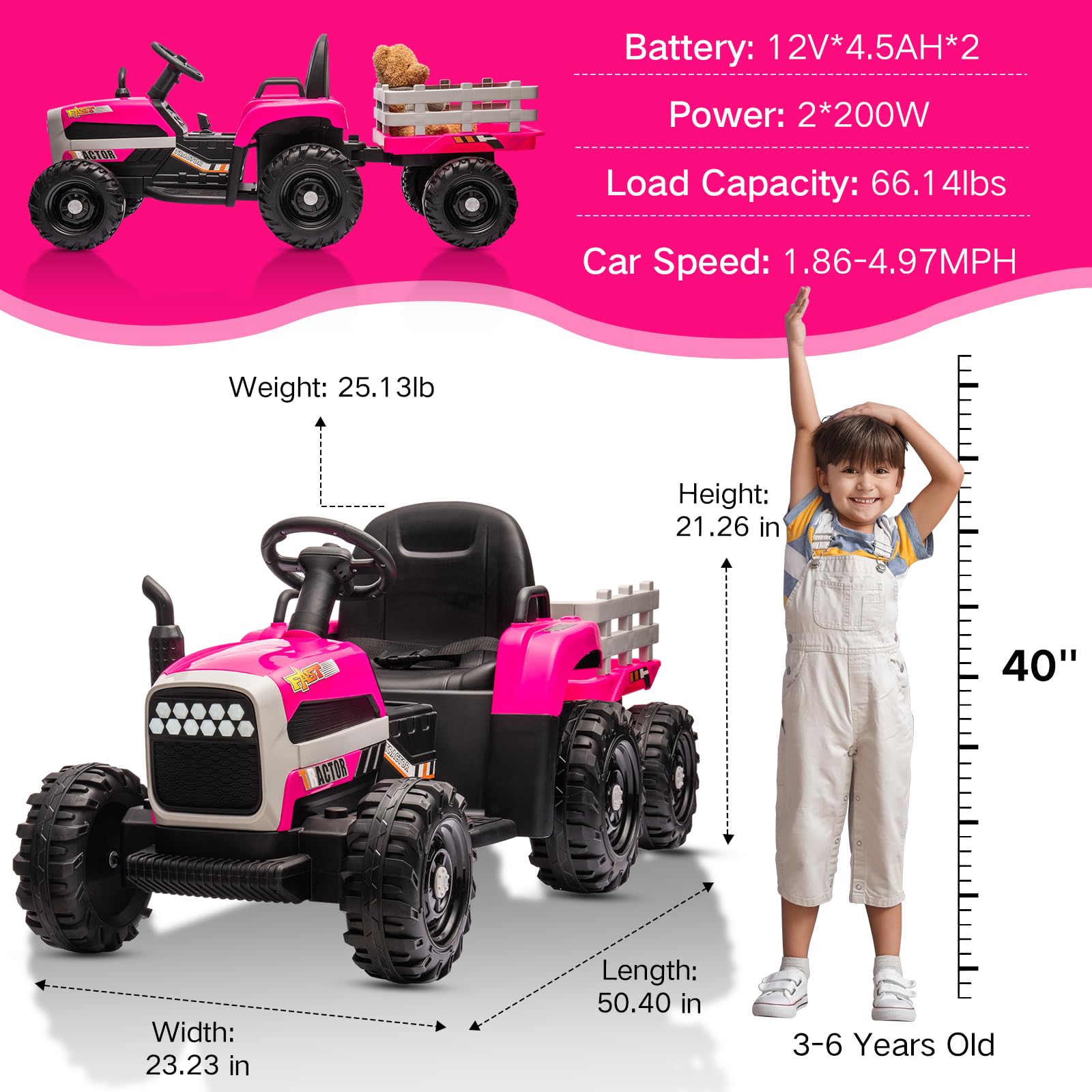 24V Kids Ride on Tractor with Trailer, Dual 200W Motors Boost Power ...