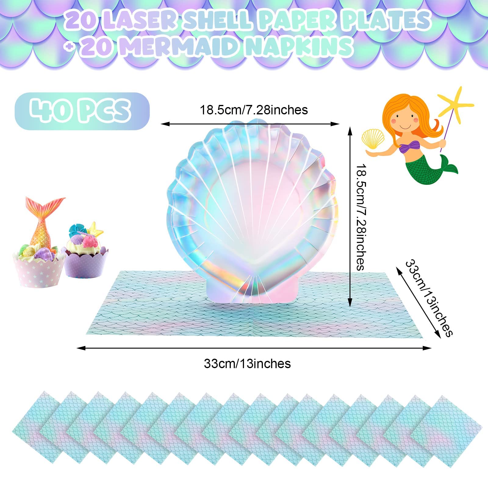 40 Pcs Mermaid Party Supplies Set, 20 Clam Shell Plates and 20 Mermaid ...