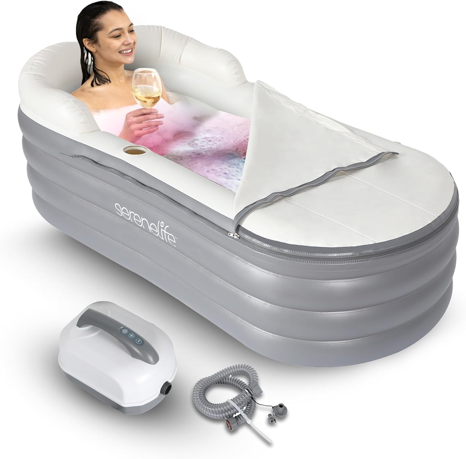 SereneLife Inflatable Bathtub with Bubble Massage Mat, Comes with a ...