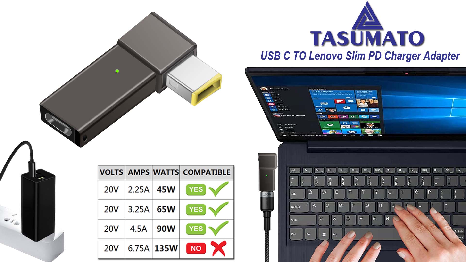 Watch USB C to Slim Tip Lenovo Laptop Charging Adapter 20V 5A 100W on ...