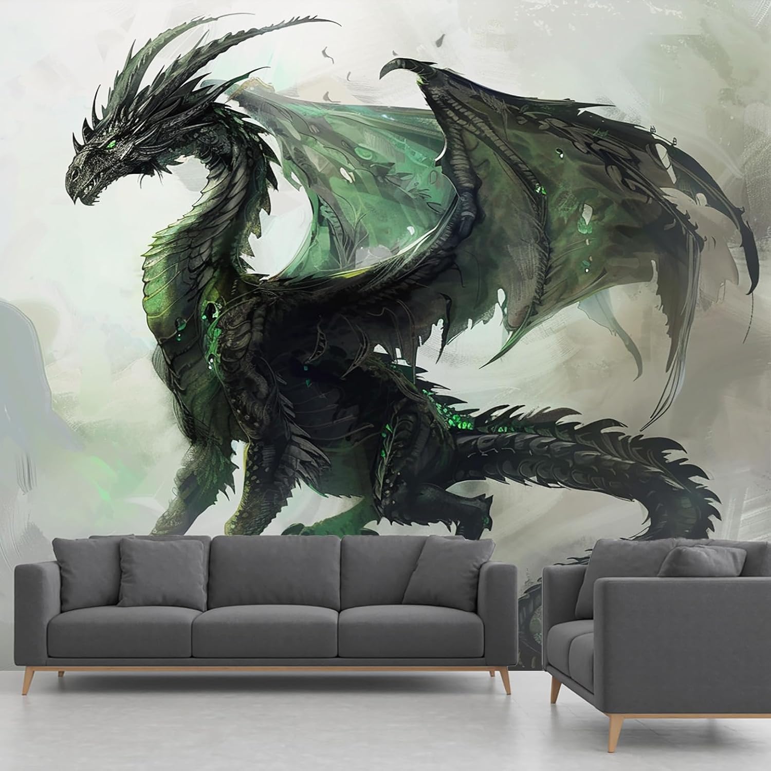 MazoAzuria Green Dragon Wall Mural, Western Dragon Mural, Fantasy ...
