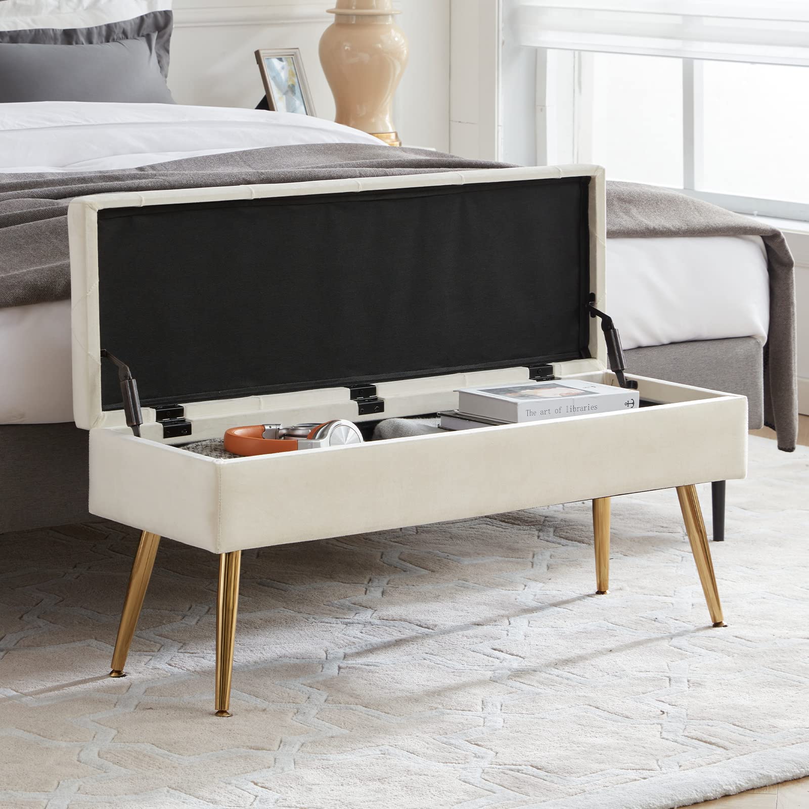 Cream End Of Bed Storage Bench Bedroom Bench ,Velvet Oval Upholstered