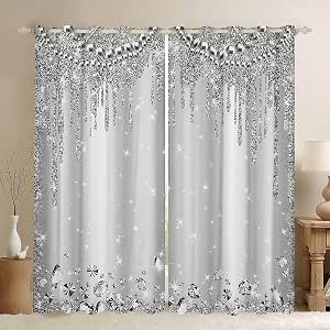Amazon.com: Grey Glitter Window Curtain Diamond Pearls Silver Curtains ...