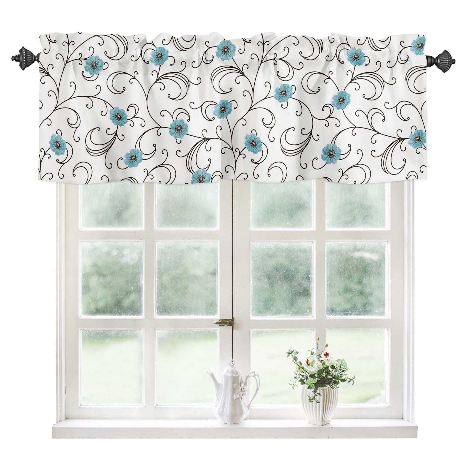 Amazon.com: YOKOU Kitchen Curtains Valances, Blue Flower Leaf Spring ...