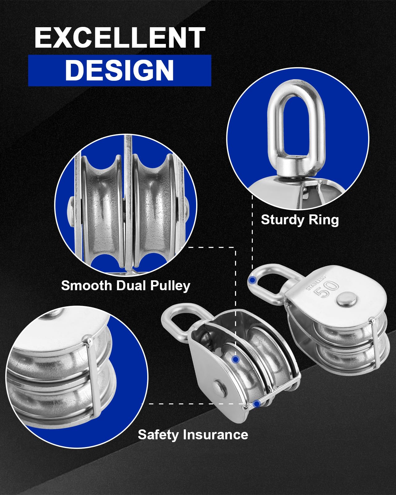 Snapklik.com : DASBET M50 Double Pulley Block Set - 304 Stainless Steel ...