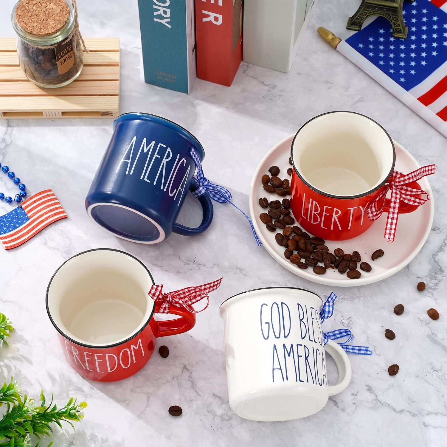 Whaline 6 mini tazas de café patrióticas con cinta a cuadros, rojo ...
