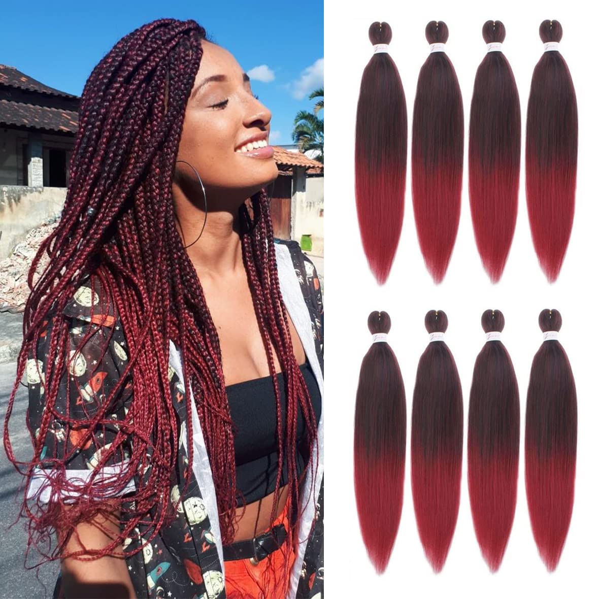 Buy Leeven 20 Inch Pre Stretched Braiding Hair 8 Packs Ombre Burdy Red ...