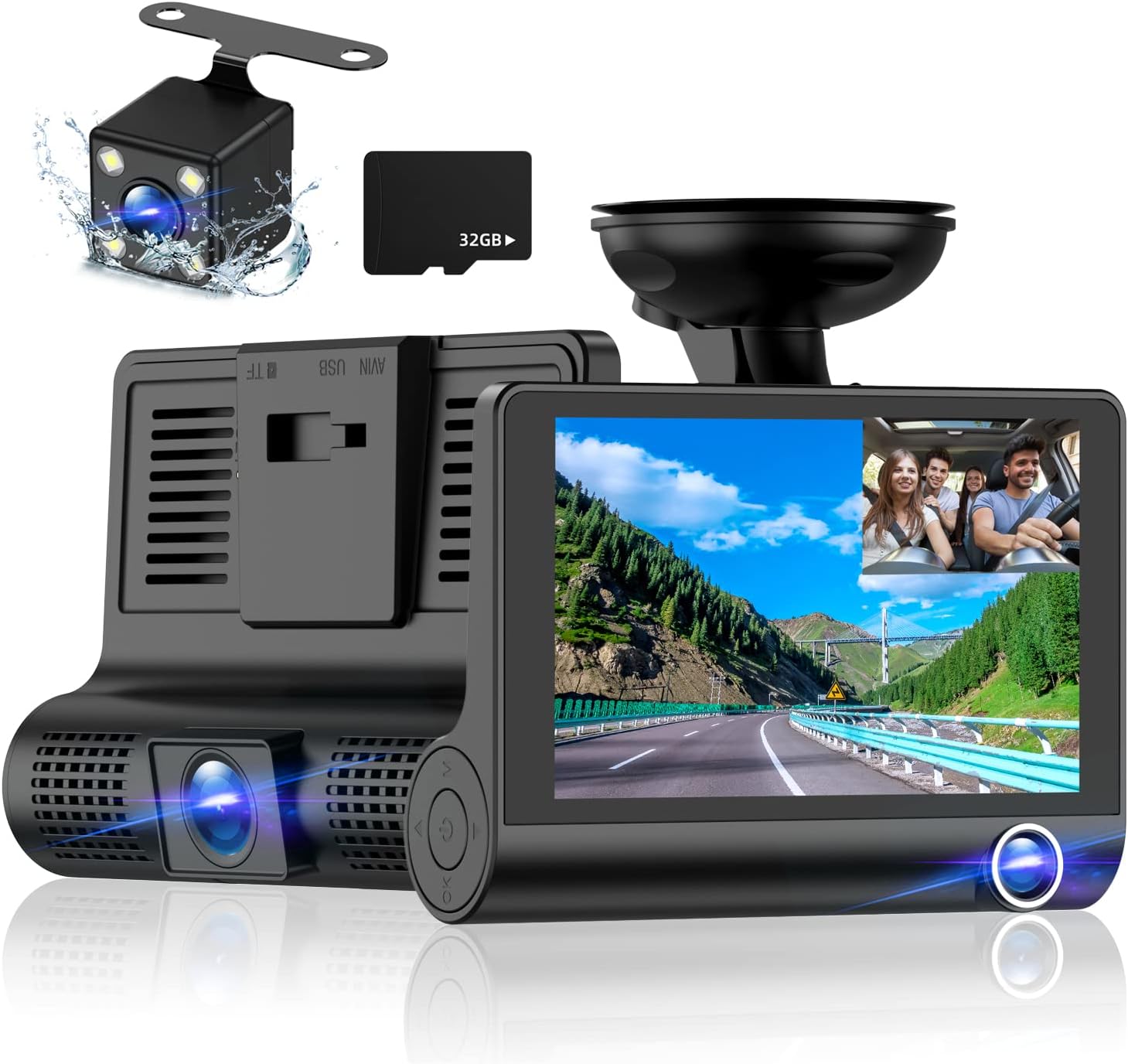 Amazon.com: CHENSIVE 3 Channel Dash Cam Front and Rear Inside, 1080p 4 ...