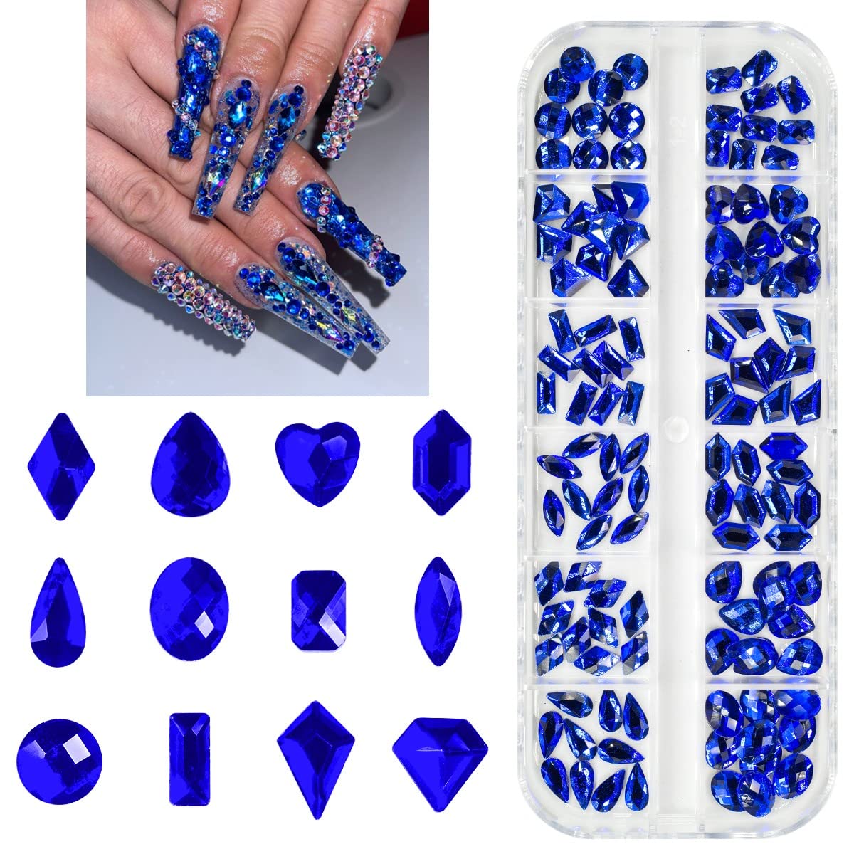 Amazon.com: qiipii 120Pcs Blue Rhinestones Nail Charms 12 Shapes Royal ...