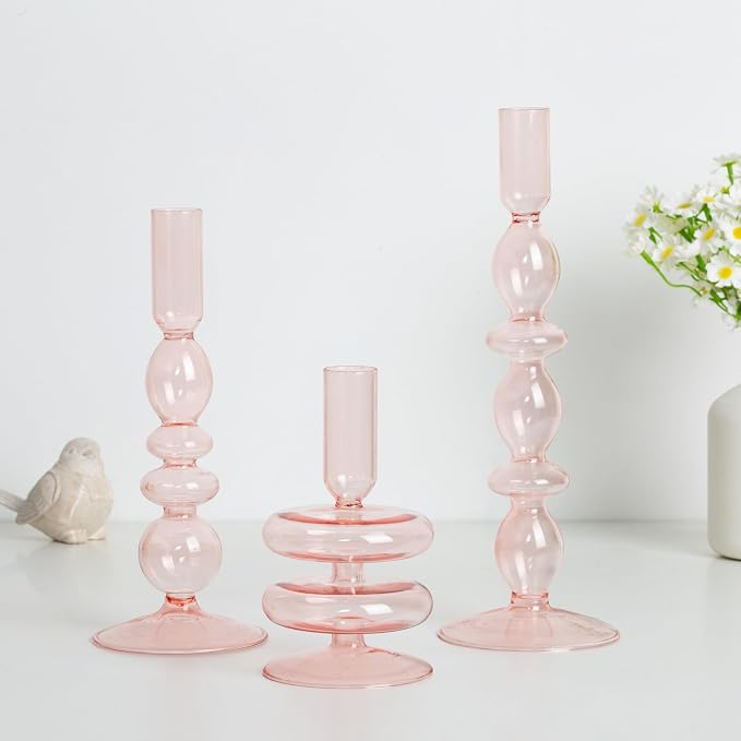 Amazon.com: Hewory Glass Pink Candlestick Holders: Set of 3 Taper ...