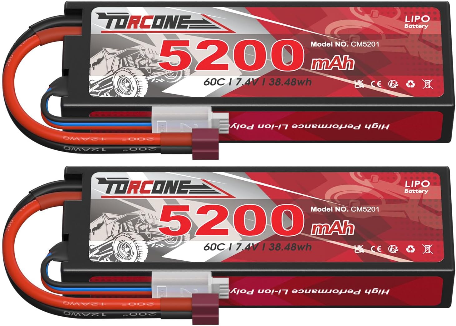 Amazon.com: TORCONE 7.4V Lipo Battery 2S 60C 5200mAh Lipos Hard Case ...