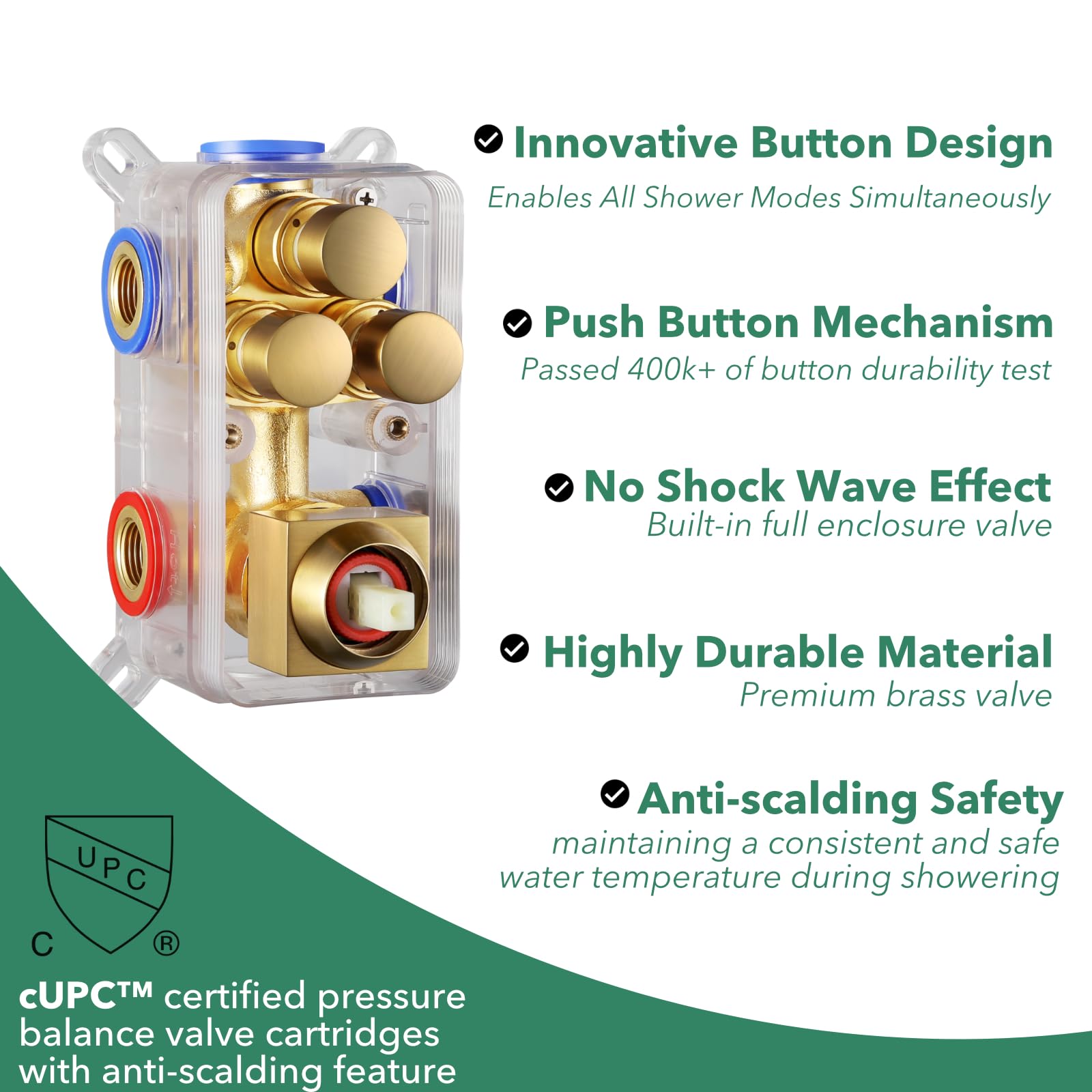 Snapklik.com : VANFOXLE Push Button Diverter Three Modes Shower Faucet Valve Brushed Gold