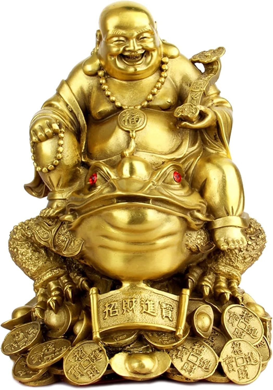 Feng Shui Laughing Buddha Sitting On Money Frog Statue Happy Maitreya ...