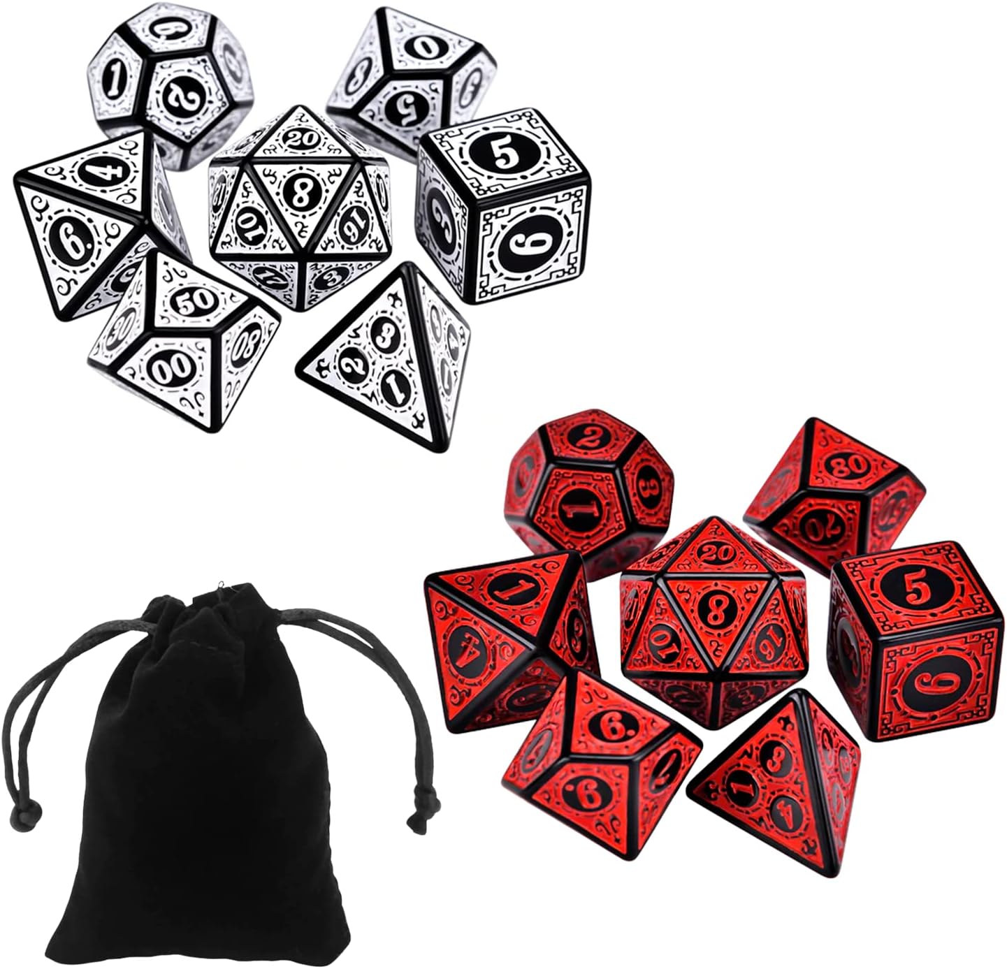 Kit 7 Dados Rpg Vermelho e 7 Dados RPG Branco D&d Runas D4 D6 D8 D10 ...