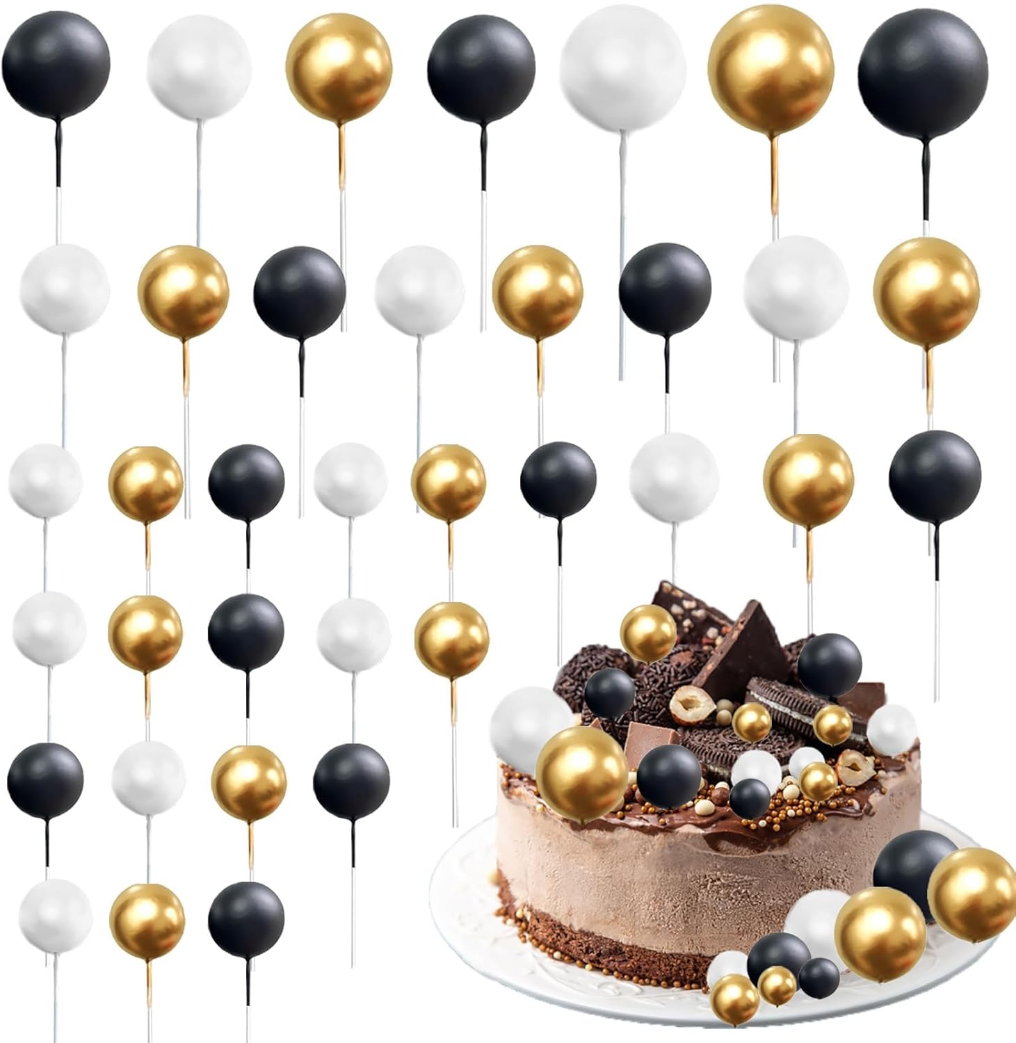 Amazon.com: 36 PCS Gold Black White Balls Cake Topper Balloons Foam ...