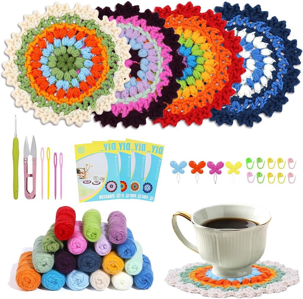 PATPAT® 4Pcs Floral Crochet Coaster Kit - DIY Crochet Starter Set For ...