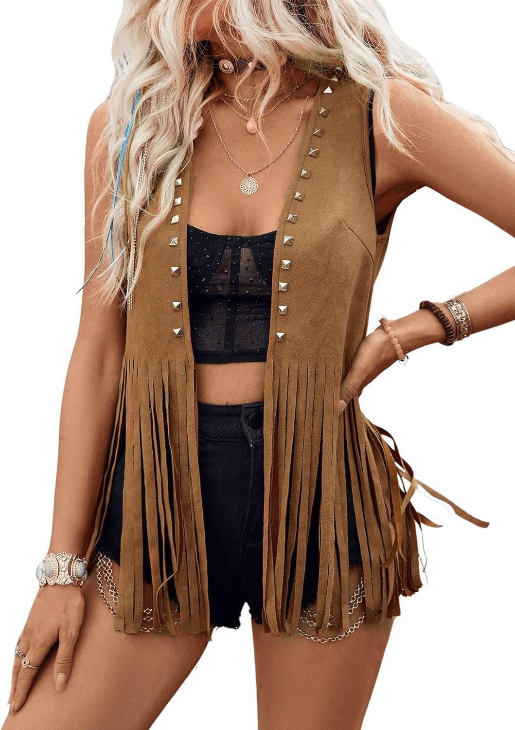 Women Plus Size Western Fringe Vest 60s 70s Hippie Faux Suede Cowboy ...