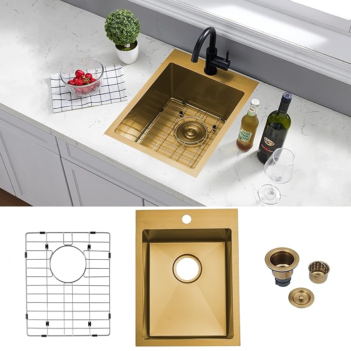 Buy SHACO Gold 15 x 20 Inch Topmount Drop In Small Kitchen Bar Sink ...