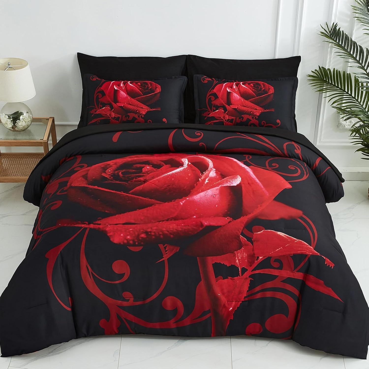 Amazon.com: Red Comforter Set Queen 7 Piece Bed in a Bag Red Rose ...