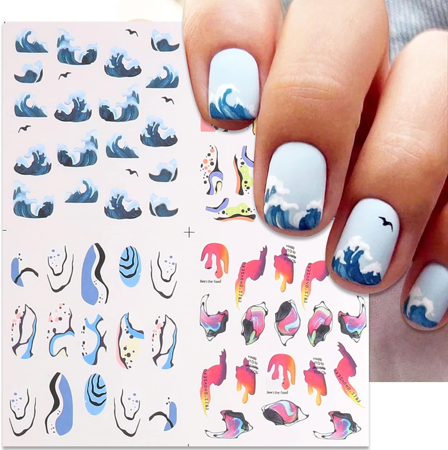 Amazon.com: TBRZTR Wave Nail Stickers Colorful Ripple Water Transfer ...