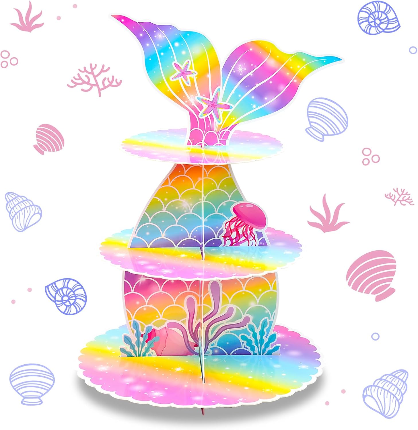 Amazon.com: Mermaid Cupcake Stand, 3-Tier Cardboard Cupcake Stand Party ...