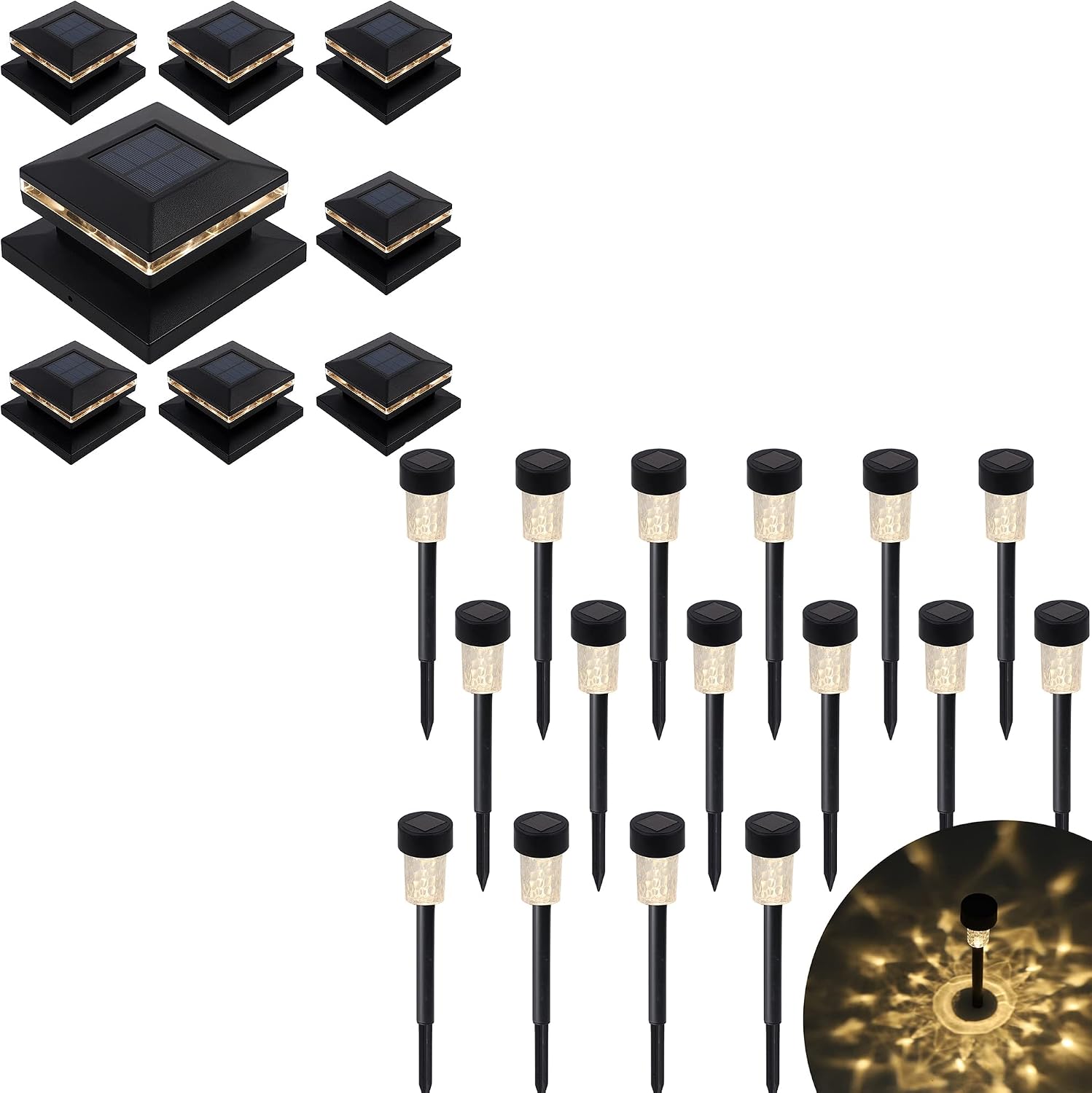 Dynaming 8 Pack Solar Post Lights & 16 Pack Solar Pathway Lights, Warm ...