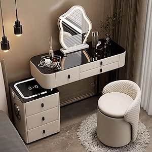 Beige Vanity Desk with Touch LED Lighted Mirror, 3 Modes, Makeup Table ...