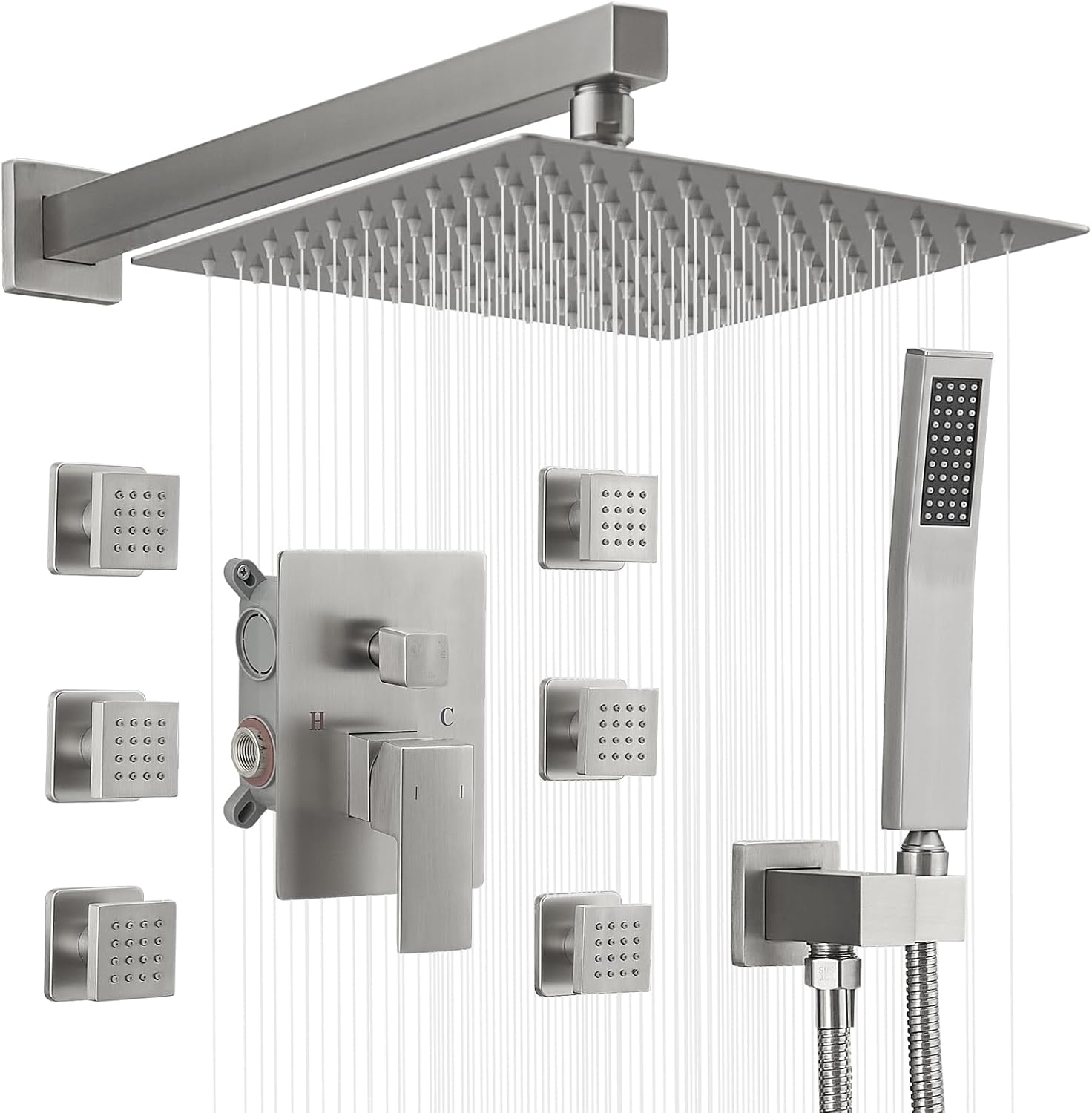 BWE Brushed Nickel Shower System with Body Jets,10 Inch Rain Shower ...