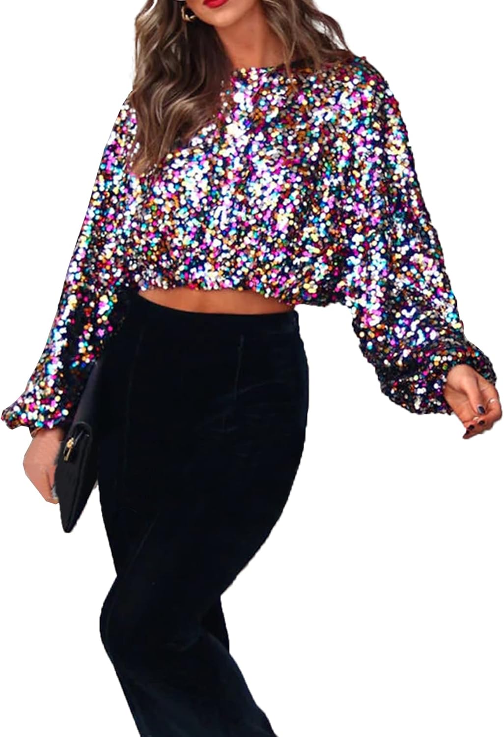 SPSHODOW Women Sequin Top, Balloon Long Sleeve Glitter Party Top Disco ...