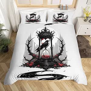 Amazon.com: Gothic Crow Duvet Cover Set Queen Size,Red Roses Flowers ...