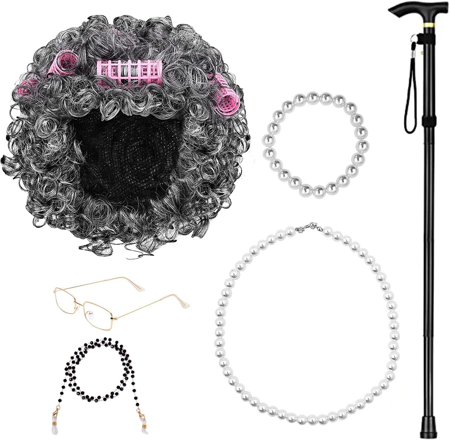 Old Lady Cosplay Costume Set - Granny Wig with Hair Rollers, Glasses ...