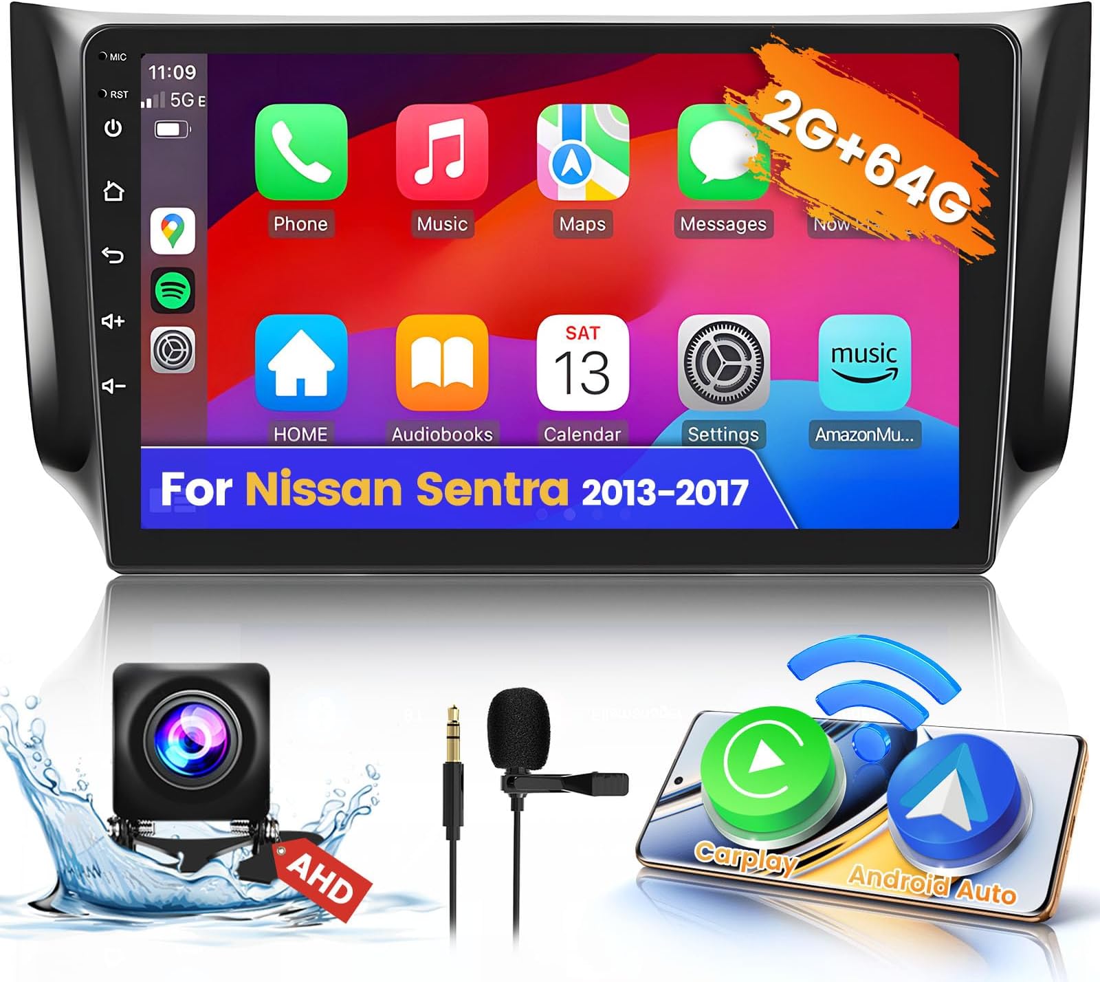 Amazon.com: Roinvou 2+64G Android CarPlay Stereo for 2013-2017 Nissan Sentra, Built-in Wireless ...