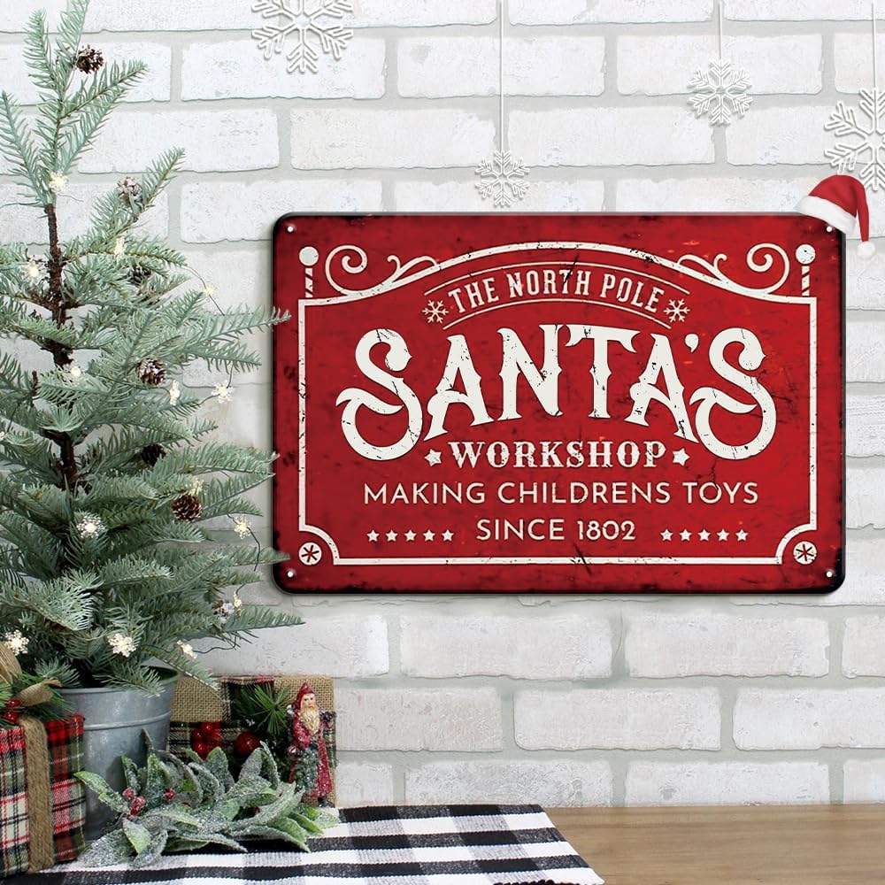Amazon.com: Retro Santa's Workshop Sign - 8x12 Inches Funny Christmas ...