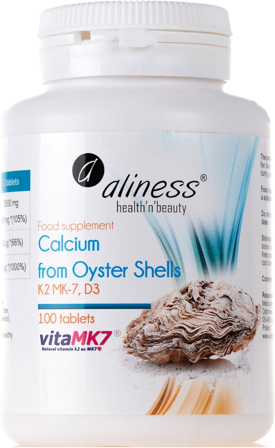 Aliness Calcium from Oyster Shells with Vitamin K2 MK-7 and D3, 100 ...
