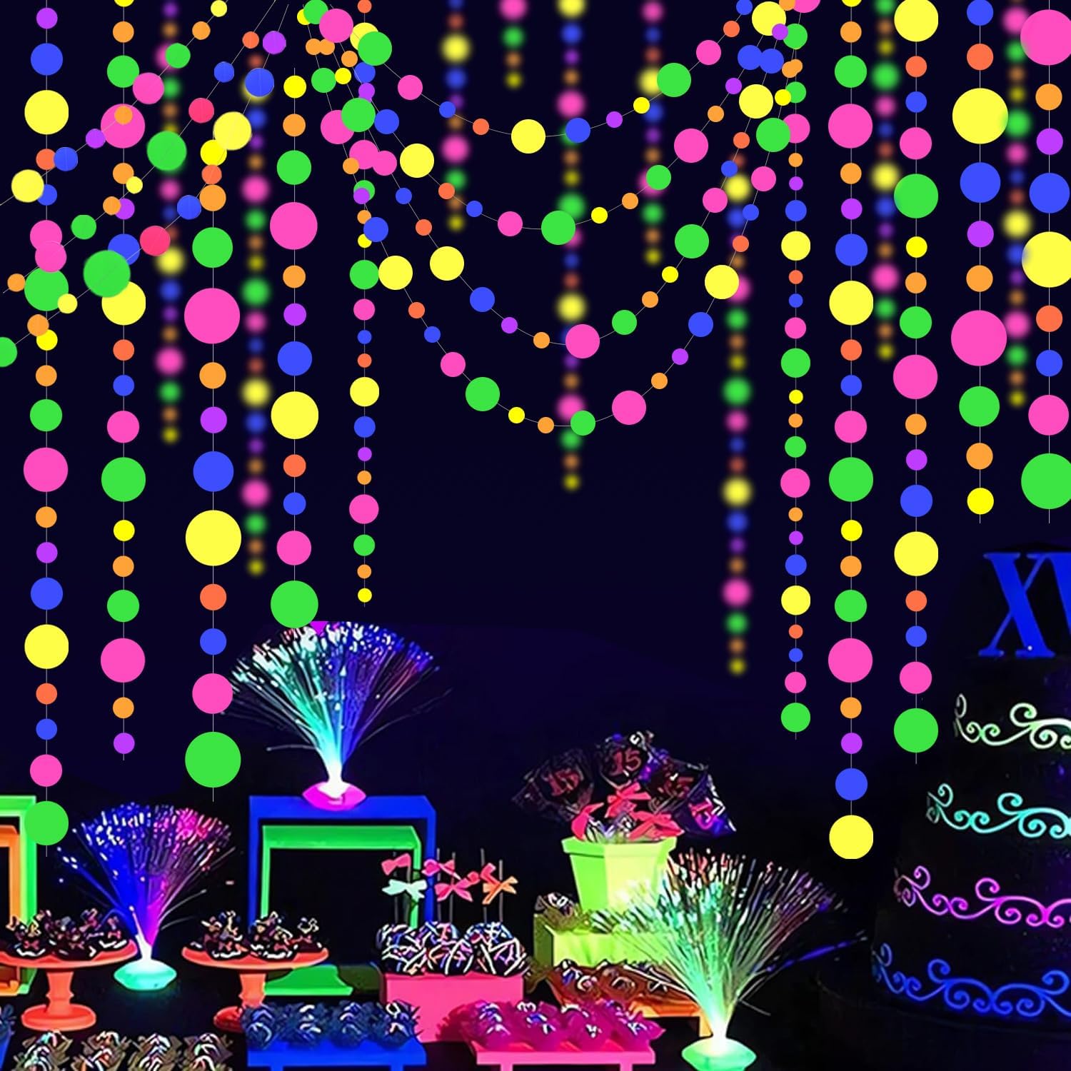 Amazon.com: 120feet Round Dot UV Neon Garland Hanging Paper Glow in The ...