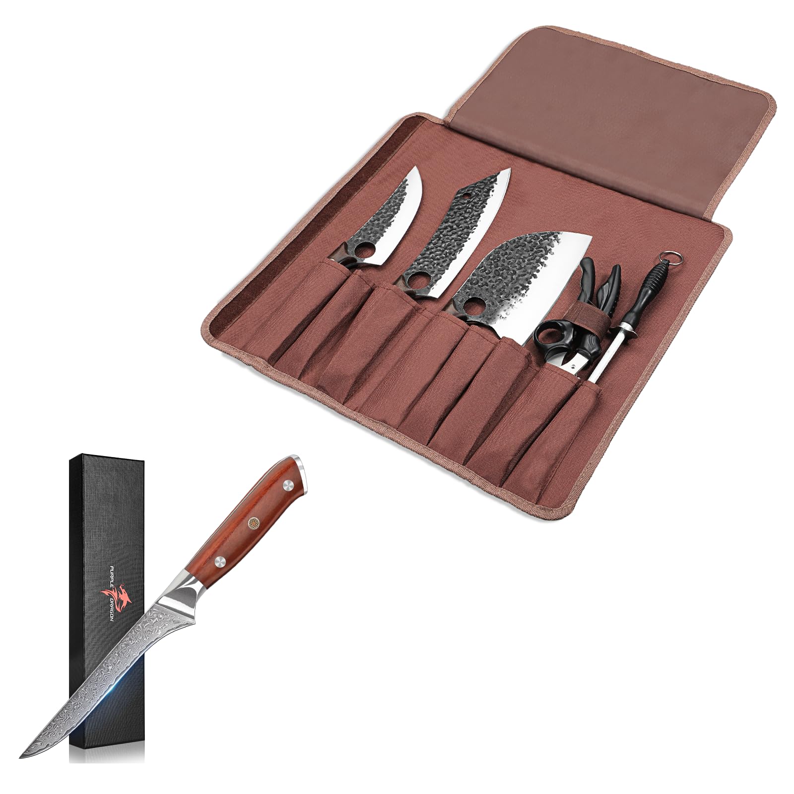 Amazon.com: Purple Dragon Butcher Knife Set with Damascus Fillet Knife ...