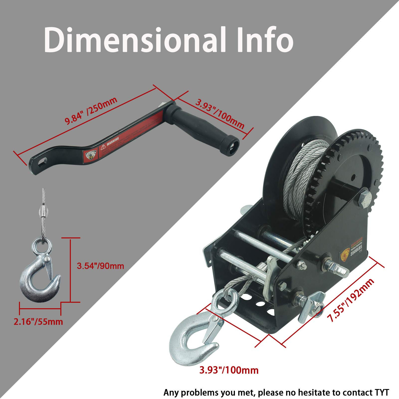 TYT 3500lbs Boat Trailer Winch with 32ft Steel Cable, Heavy Duty Hook ...