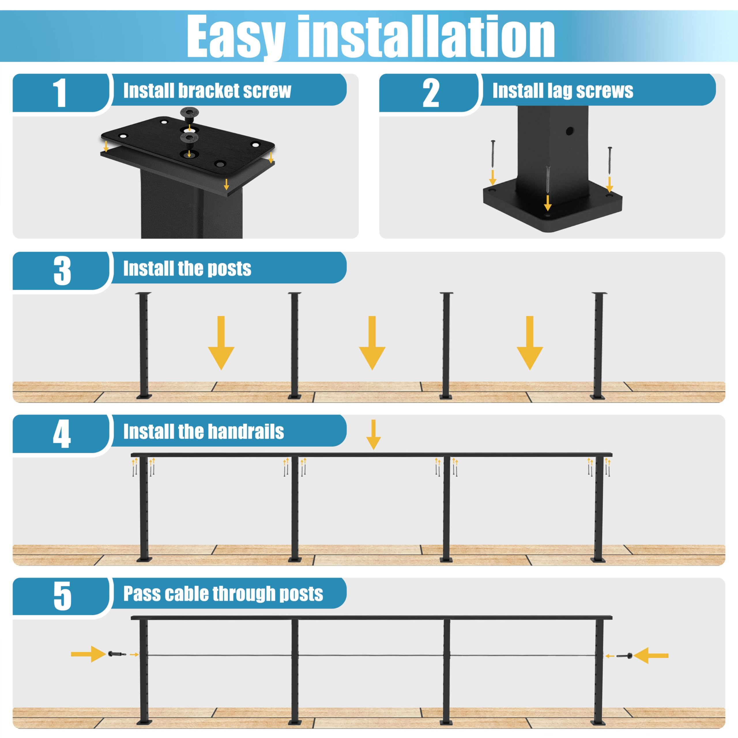 Snapklik.com : Patavin 20FT 42" Complete Black Cable Railing Post Kit 5 ...