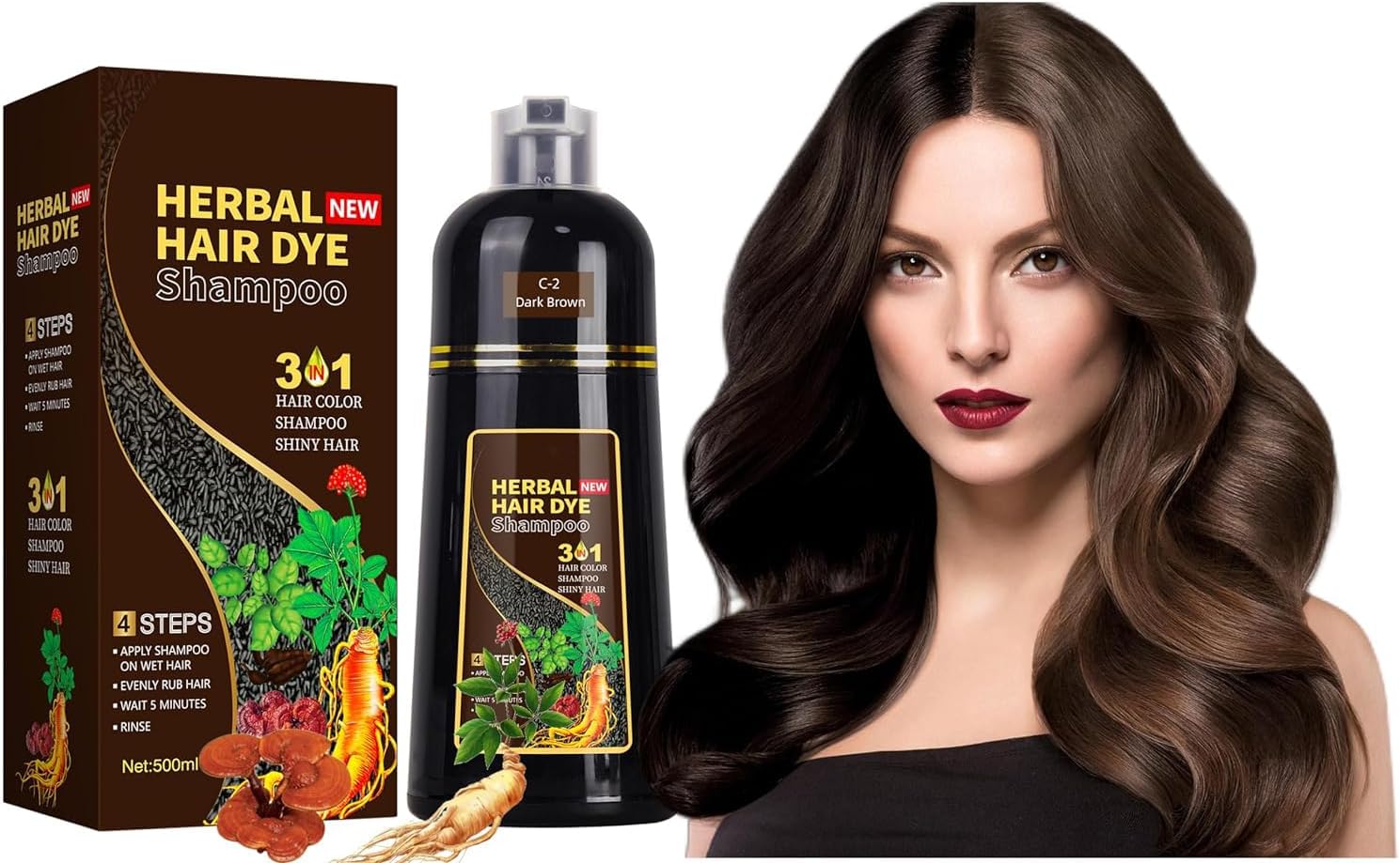 500ML Dark Brown Hair Dye Shampoo 3 in 1-Natural Instant Hair Colour ...
