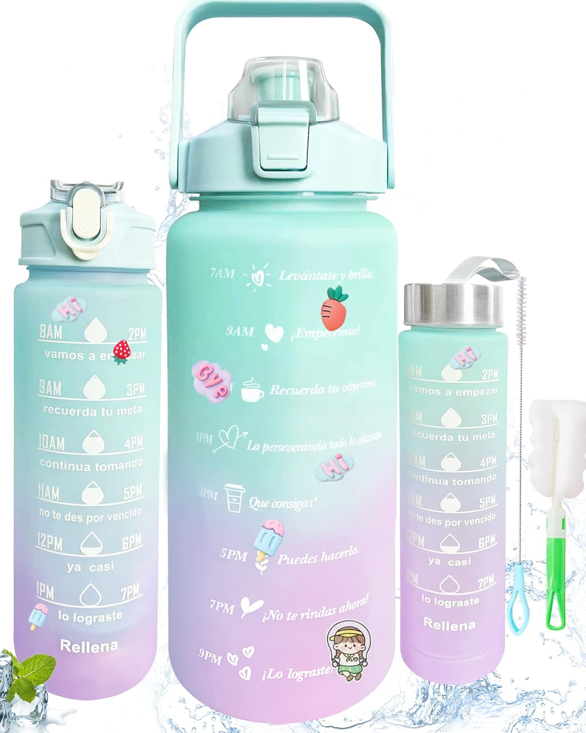 YAYUSI Botella de Agua Deportiva Motivacional 2 Litros, 3pzs Botellas de Agua con Popote y ...