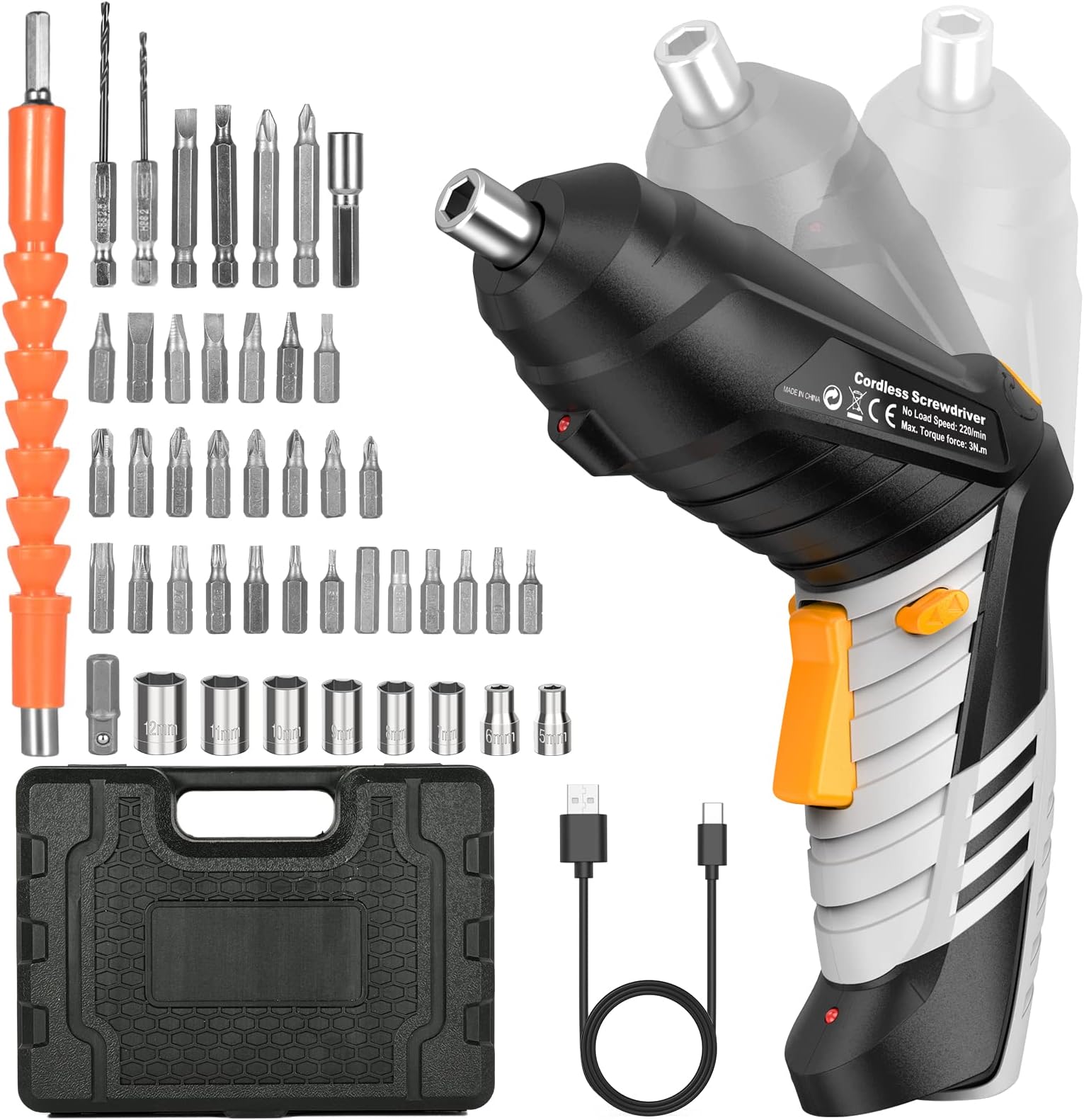 47 Piece Cordless Electric Screwdriver Set: 3.6V USB Rechargeable Power ...