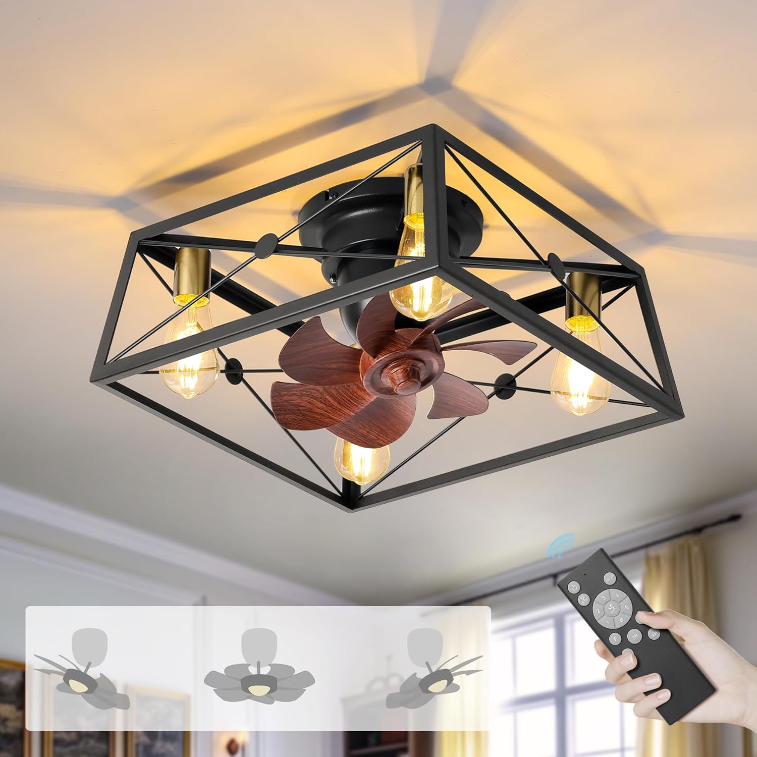 PAZALA 360° Oscillating Ceiling Fan with Light and Remote, Black Square ...