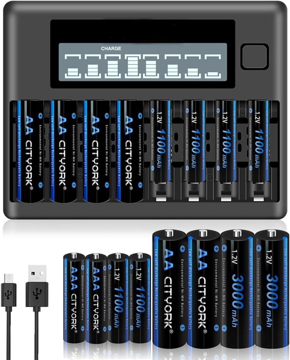 CITYORK Rechargeable AA Batteries with 8 Bay Charger, 8 Pack AA 3000mAh ...