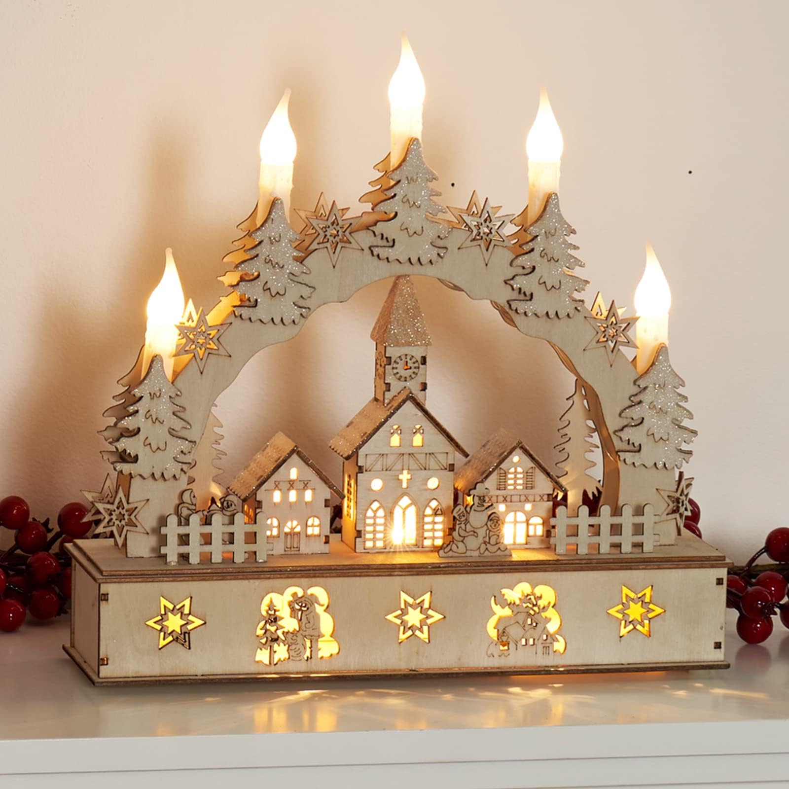 GloBrite Wooden Illuminated Candle Bridge / 5 Warm White Candles/Indoor ...