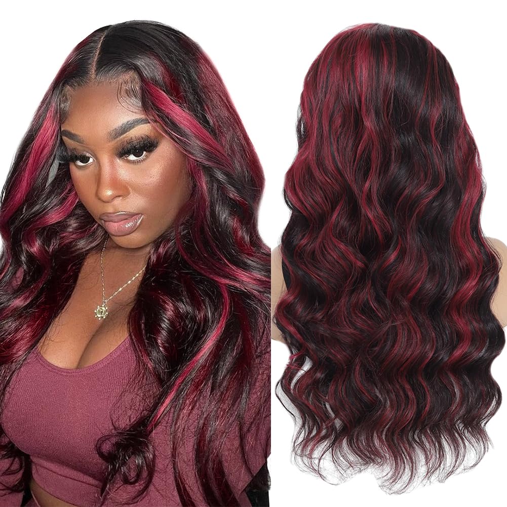 Amazon.com : Rose Red Highlights Body Wave Human Hair Wigs 13x4 Red and ...